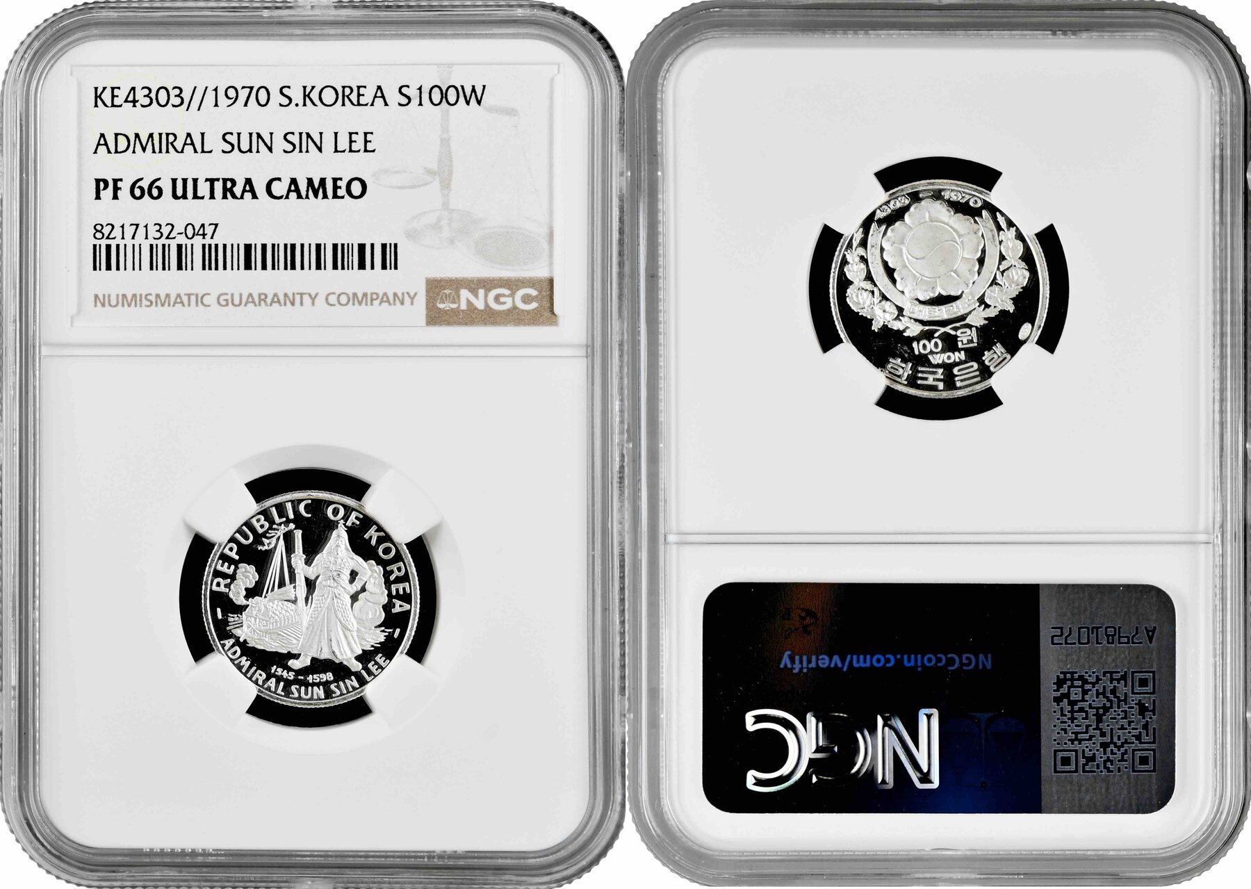 100 won South Korea 1970, NGC PF66 UC, Admiral Sun Sin Lee silver coin ...