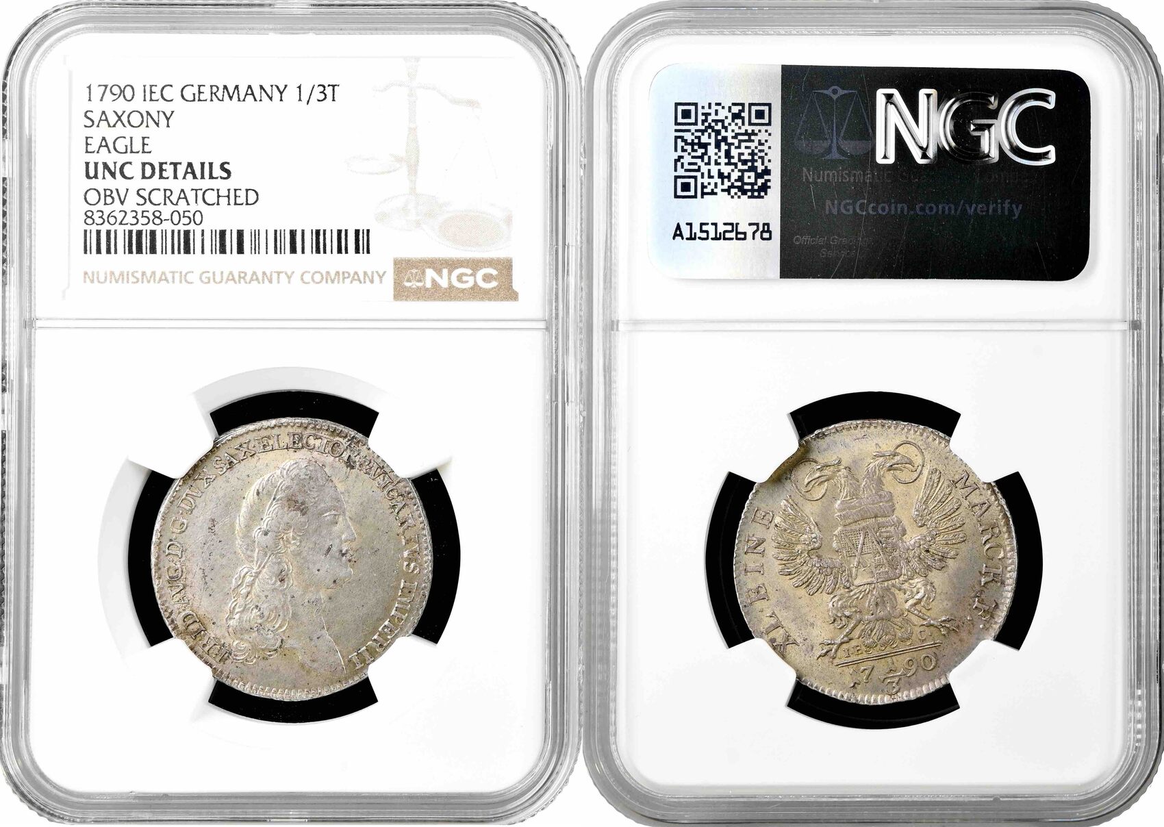 1/3 thaler 1790 Saxony IEC, NGC UNC Det., Frederick Augustus (1763 ...