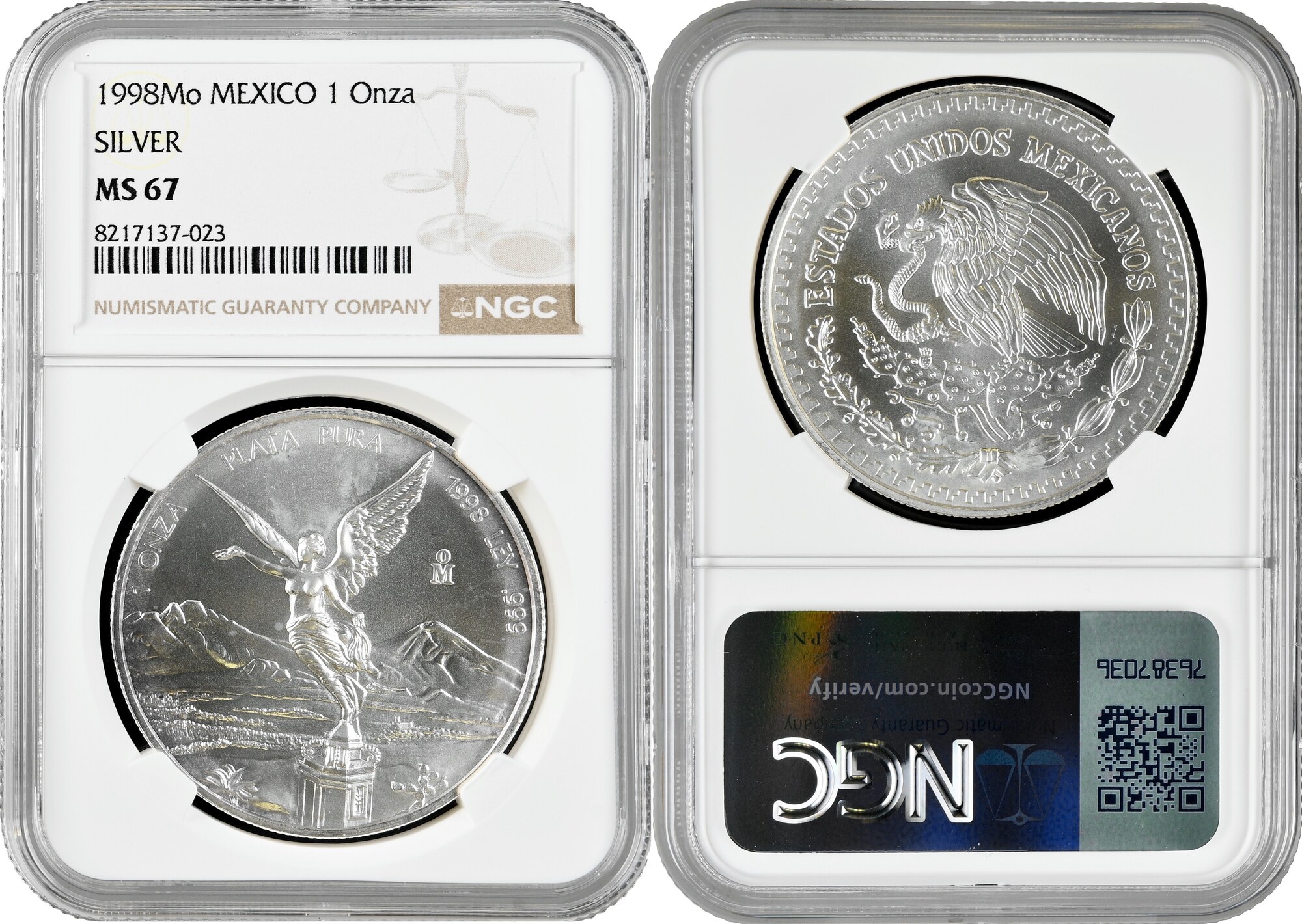 1 onza 1998 Mexico Mo, NGC MS67, Silver Bullion Coinage Libertad | MA-Shops