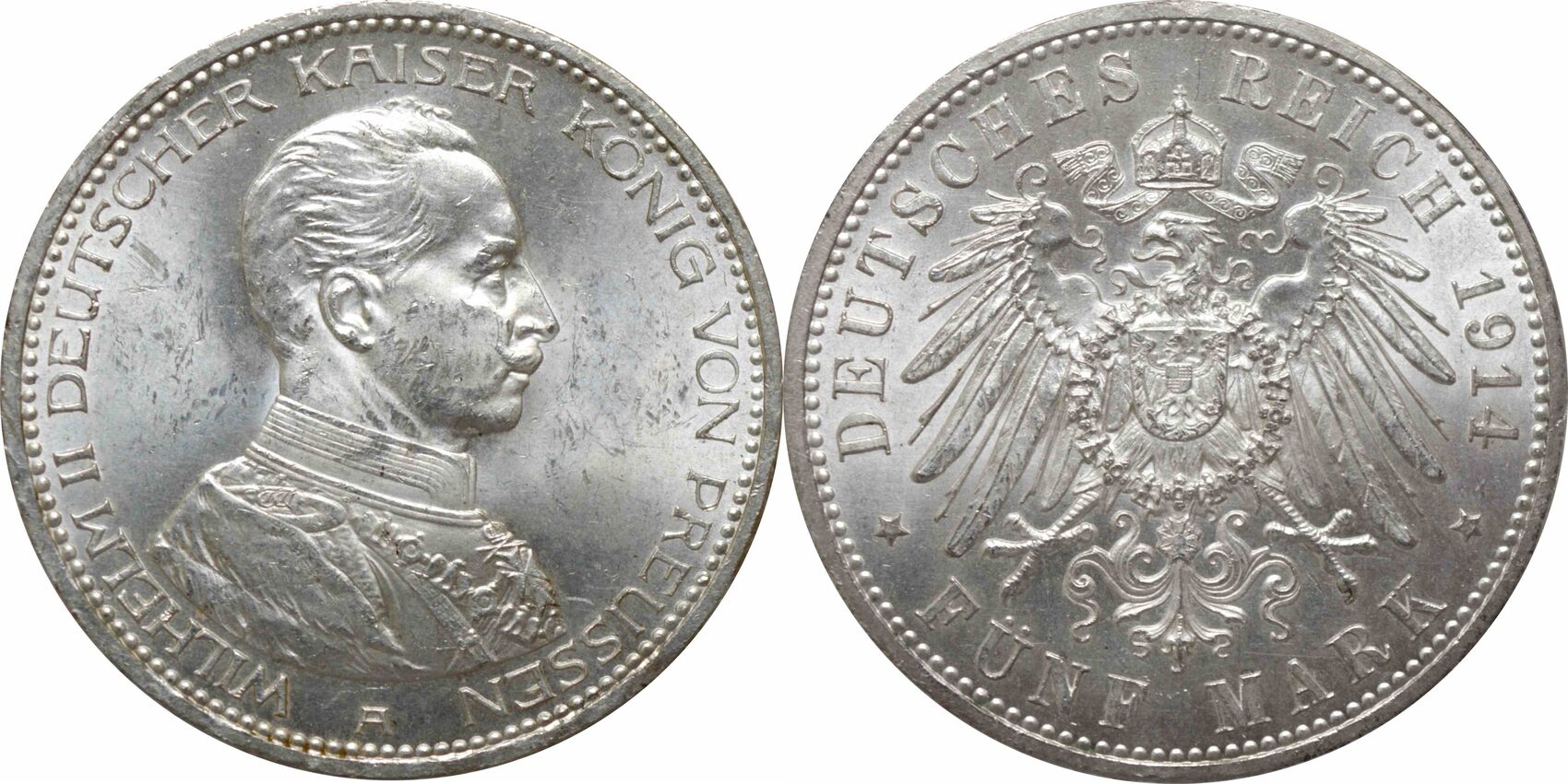5 mark Prussia 1914 A, UNC, King Wilhelm II (1888 - 1918) silver coin ...