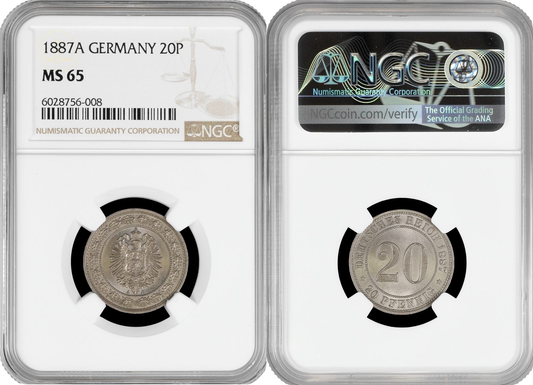 20 pfennig Germany 1887 A, NGC MS65, German Empire (1871 - 1922) | MA-Shops