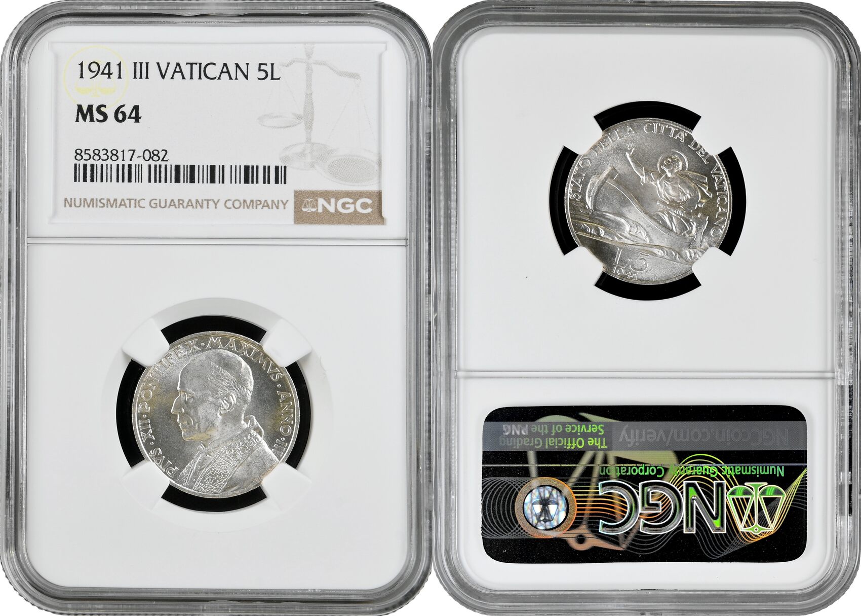 5 lire Vatican City 1941, NGC MS64, Pope Pius XII (1939 - 1958) | MA-Shops