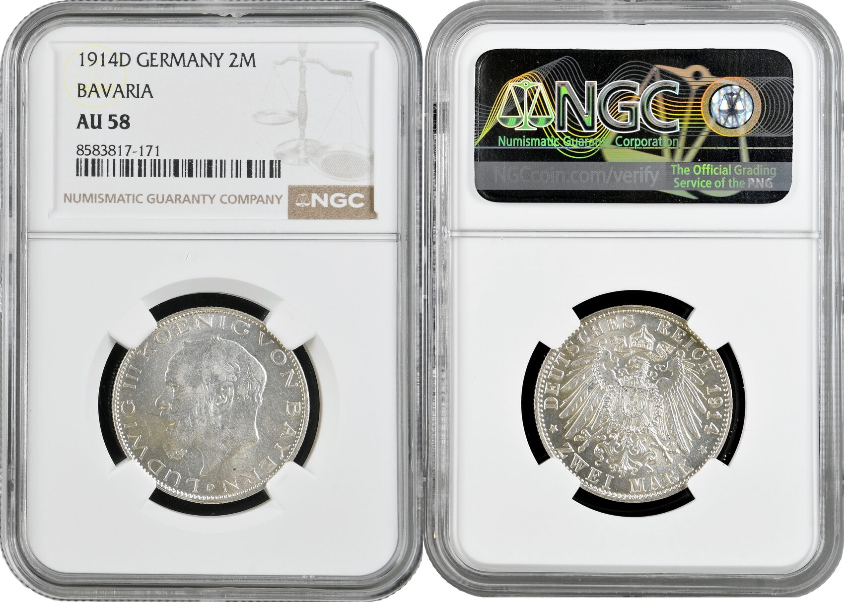 2 mark Bavaria 1914 D, NGC AU58, King Ludwig III (1913 - 1918) silver ...