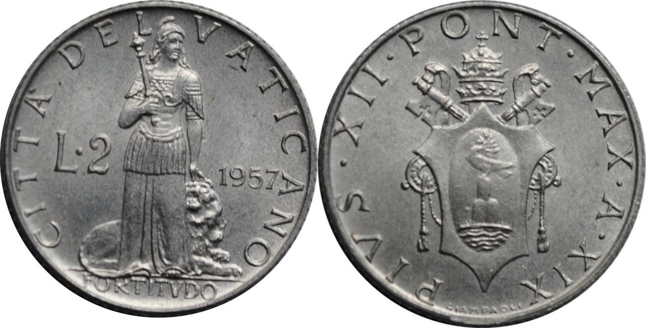 2 lire Vatican City 1957, BU, Pope Pius XII (1939 - 1958) | MA-Shops