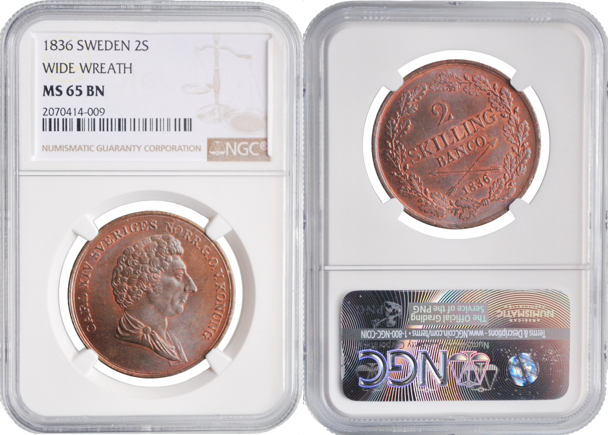 2 skilling Sweden 1836, NGC MS65 BN, Charles XIV John (1818-1844) Wide Top Pop | MA-Shops