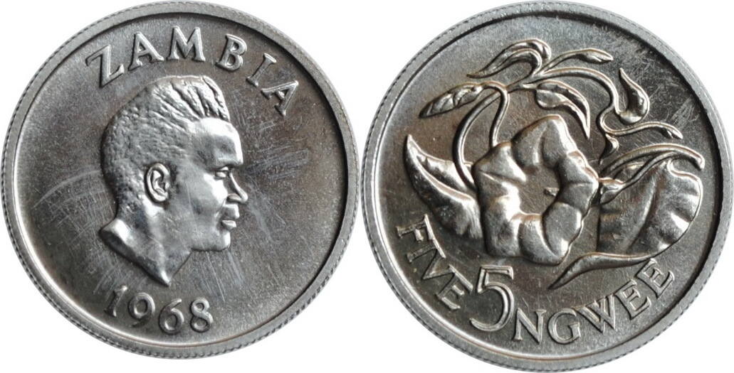 5 ngwee Zambia 1968, PROOF, President Kenneth Kaunda (1964 - 1991) PP ...