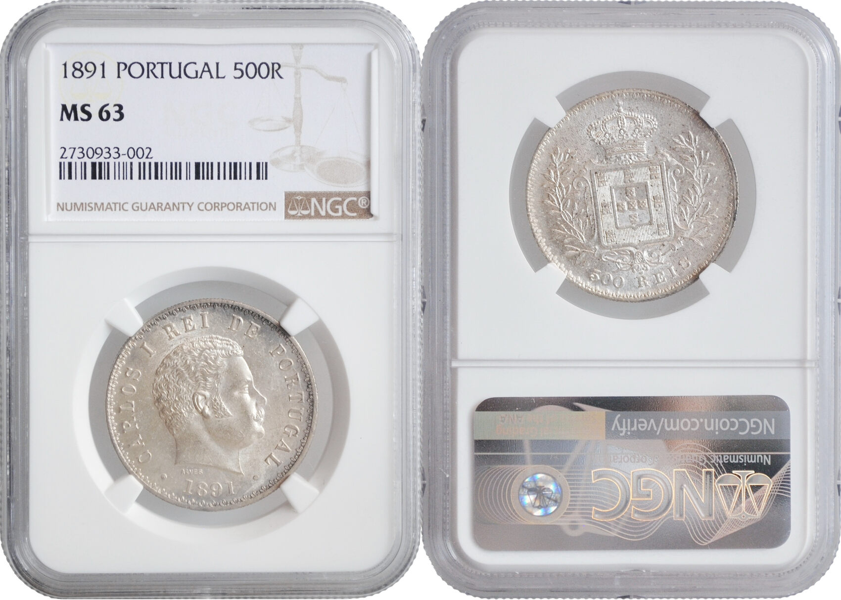 500 reis Portugal 1891, NGC MS63, King Carlos I (1889 - 1908) | MA-Shops