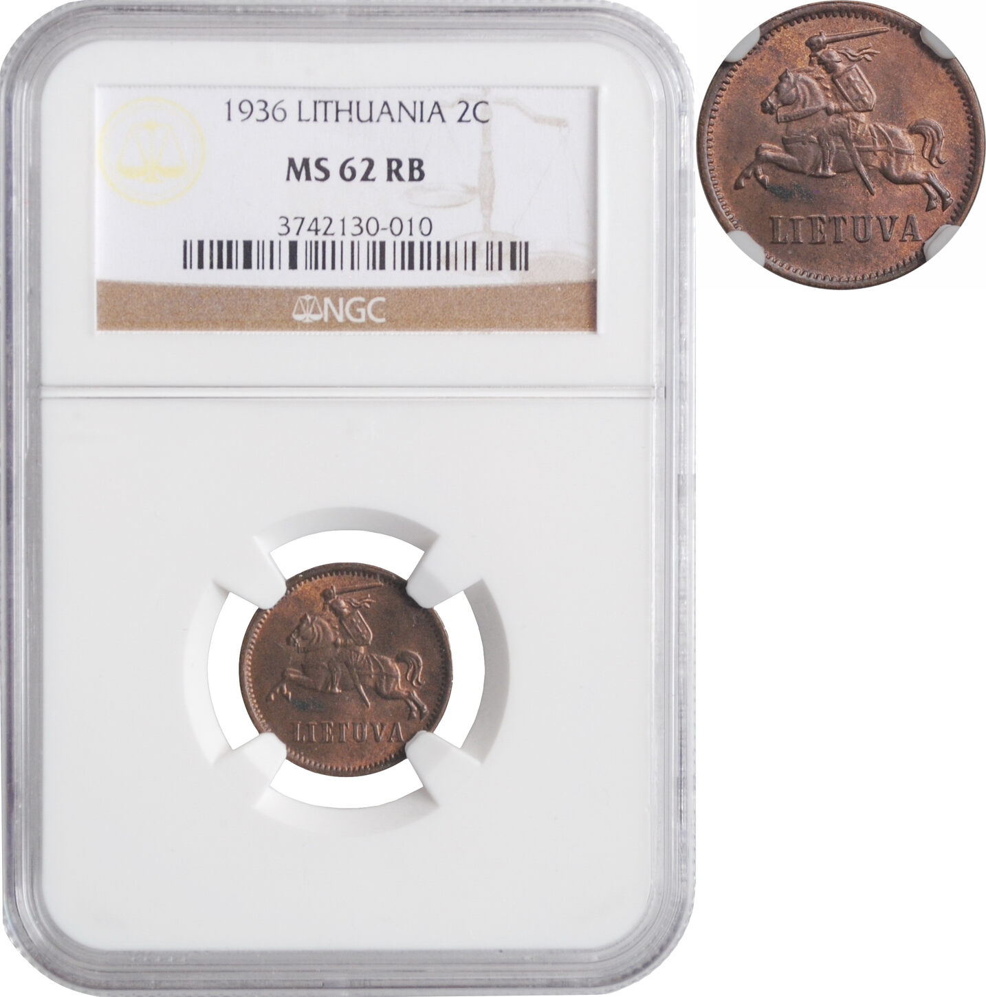 2 centai Lithuania 1936, NGC MS62 RB, First Republic (1925 - 1938) | MA-Shops