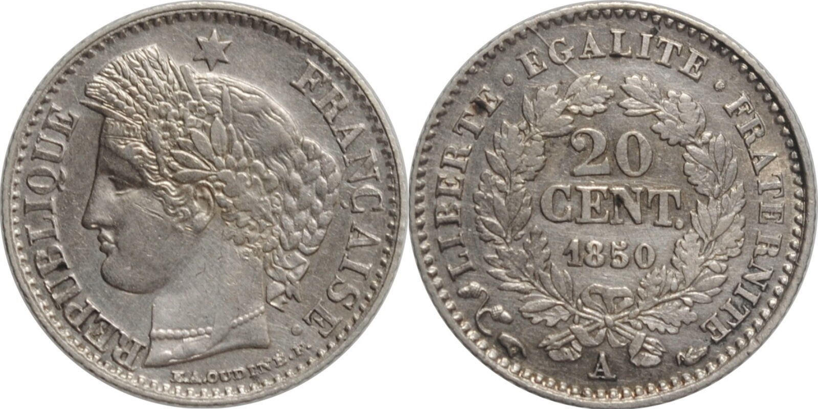 20 centimes France 1850 A, UNC, Second Republic (1848 - 1851) unz | MA ...