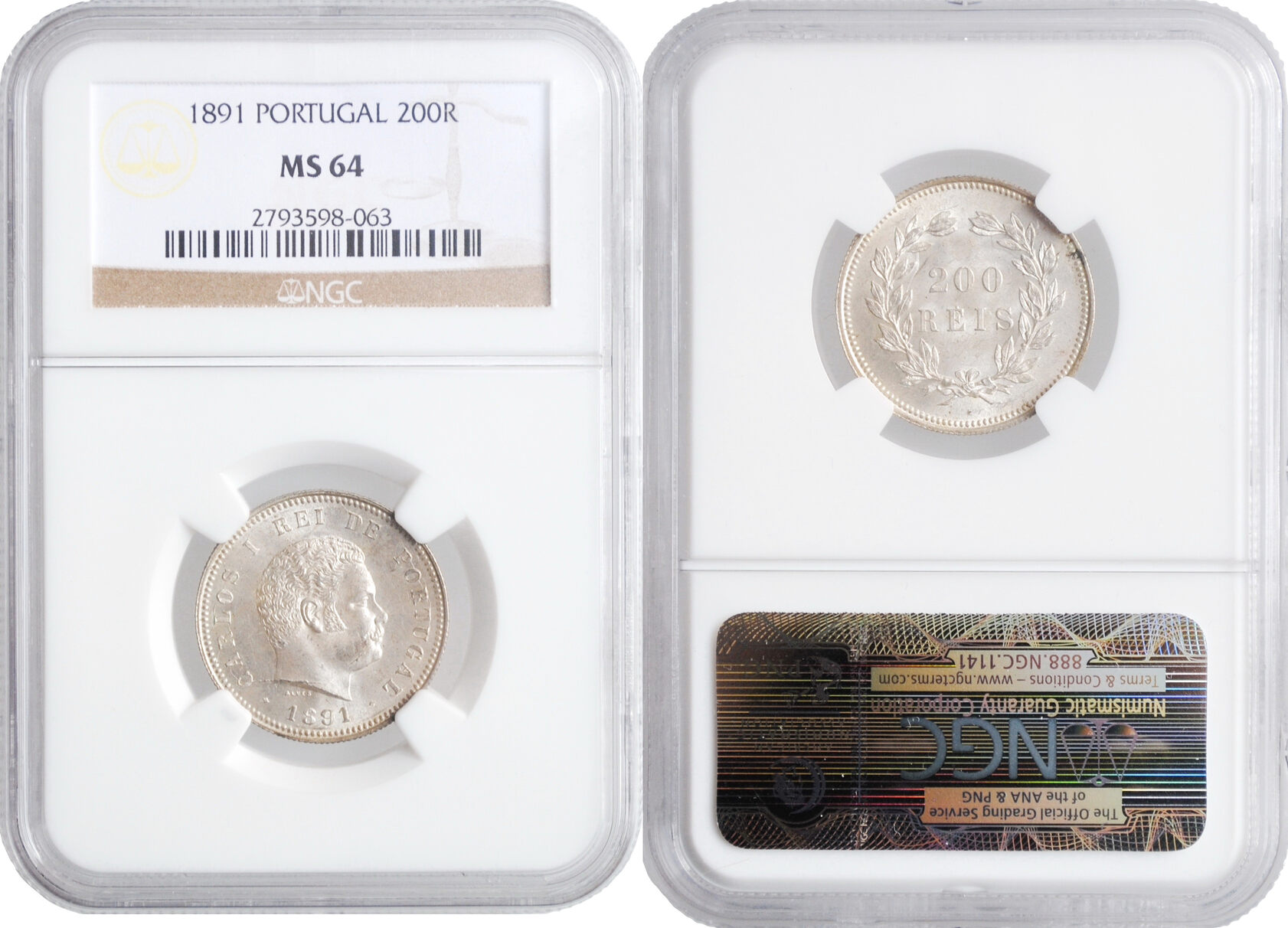 200 reis Portugal 1891, NGC MS64, King Carlos I (1889 - 1908) | MA-Shops