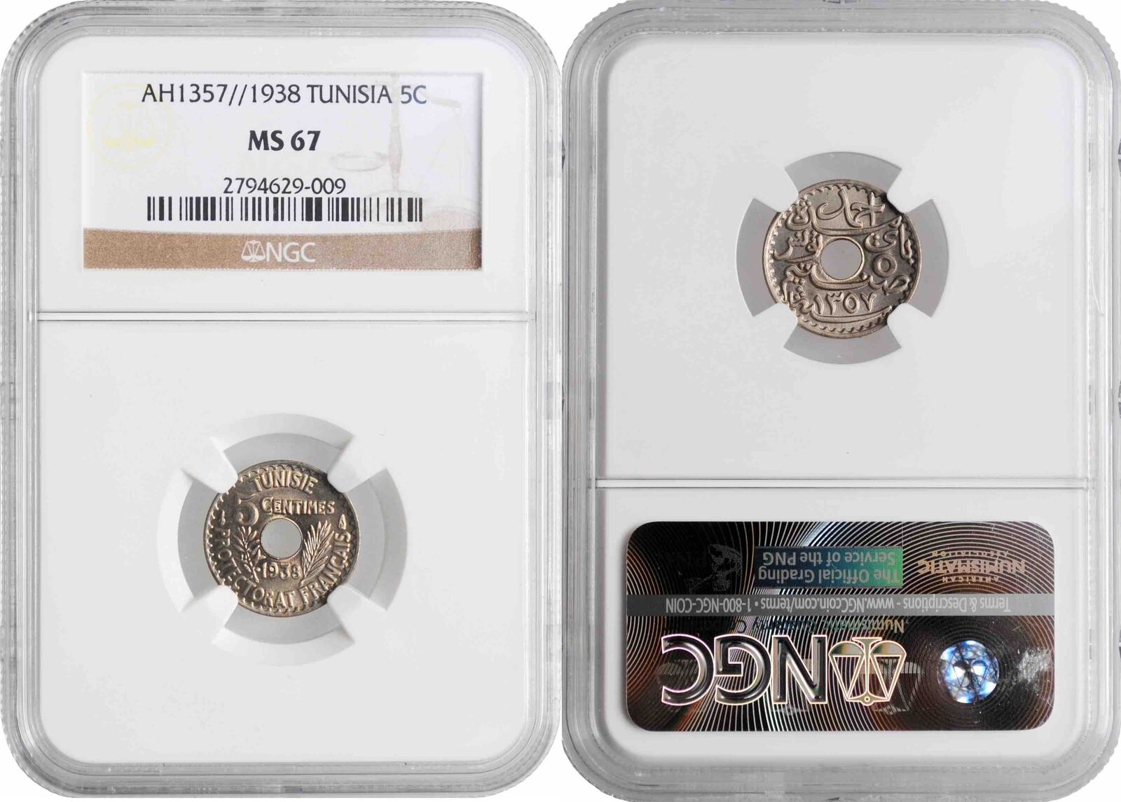 5 centimes AH AH Tunisia AH 1357 (1938), NGC NS67, French protectorate (1890 - 1957) | MA-Shops