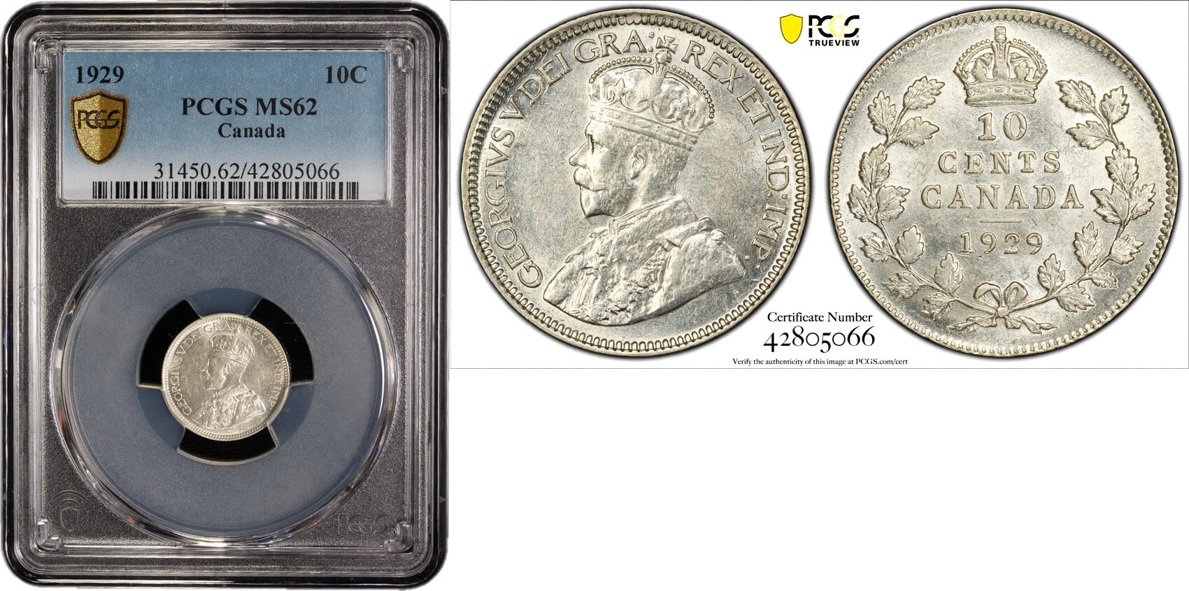 10 cents Canada 1929, PCGS MS62, King George V (1911 - 1936) | MA-Shops
