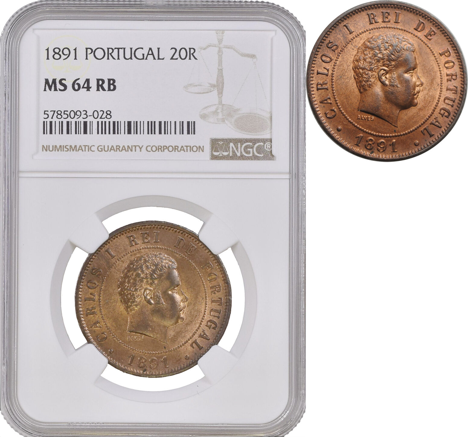 20 reis Portugal 1891, NGC MS64 RB, King Carlos I (1889 - 1908) | MA-Shops