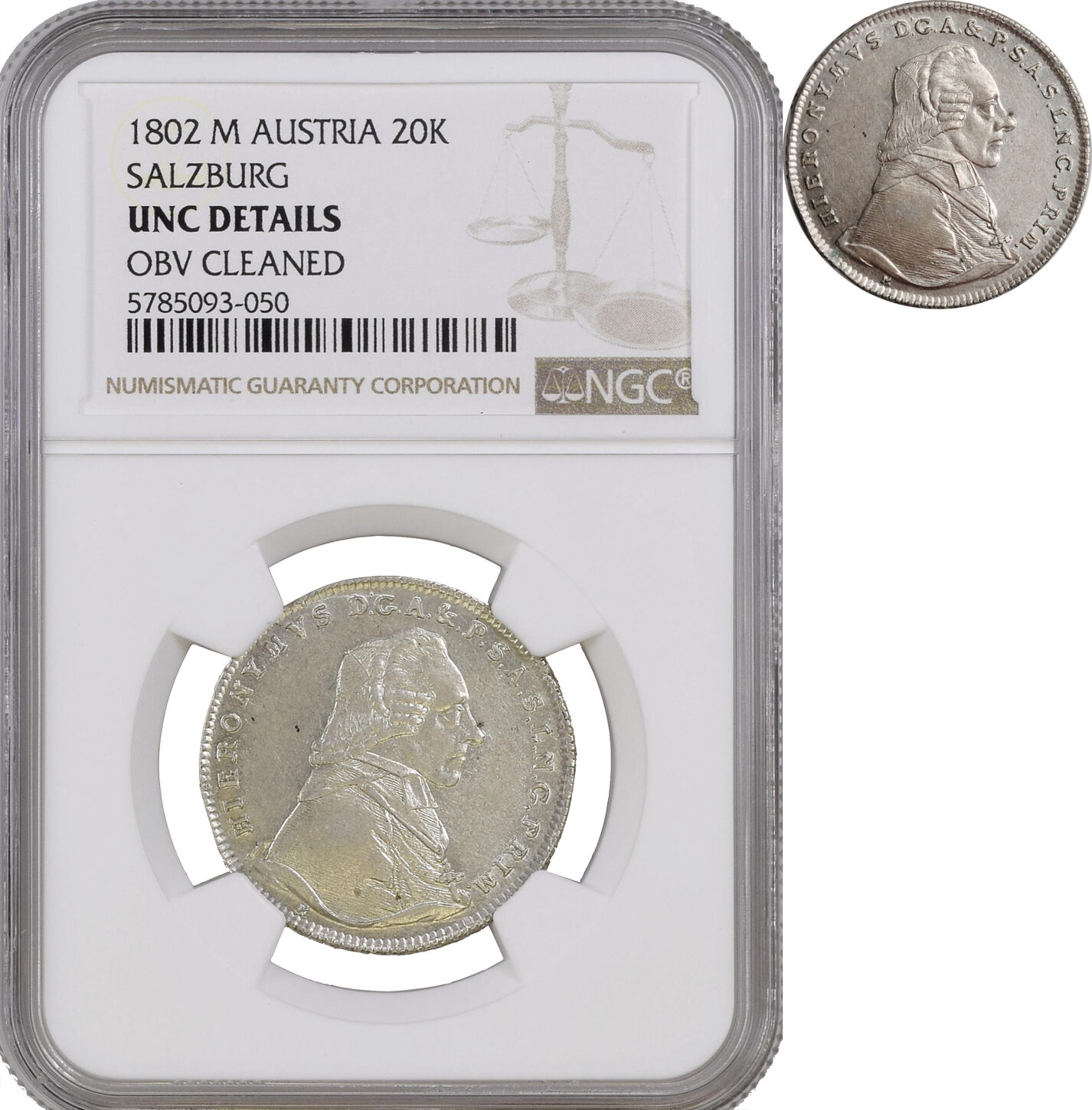 20 kreuzer Salzburg 1802 M, NGC UNC Det., Prince-archbishop Hieronymus von Colloredo (1772 ...