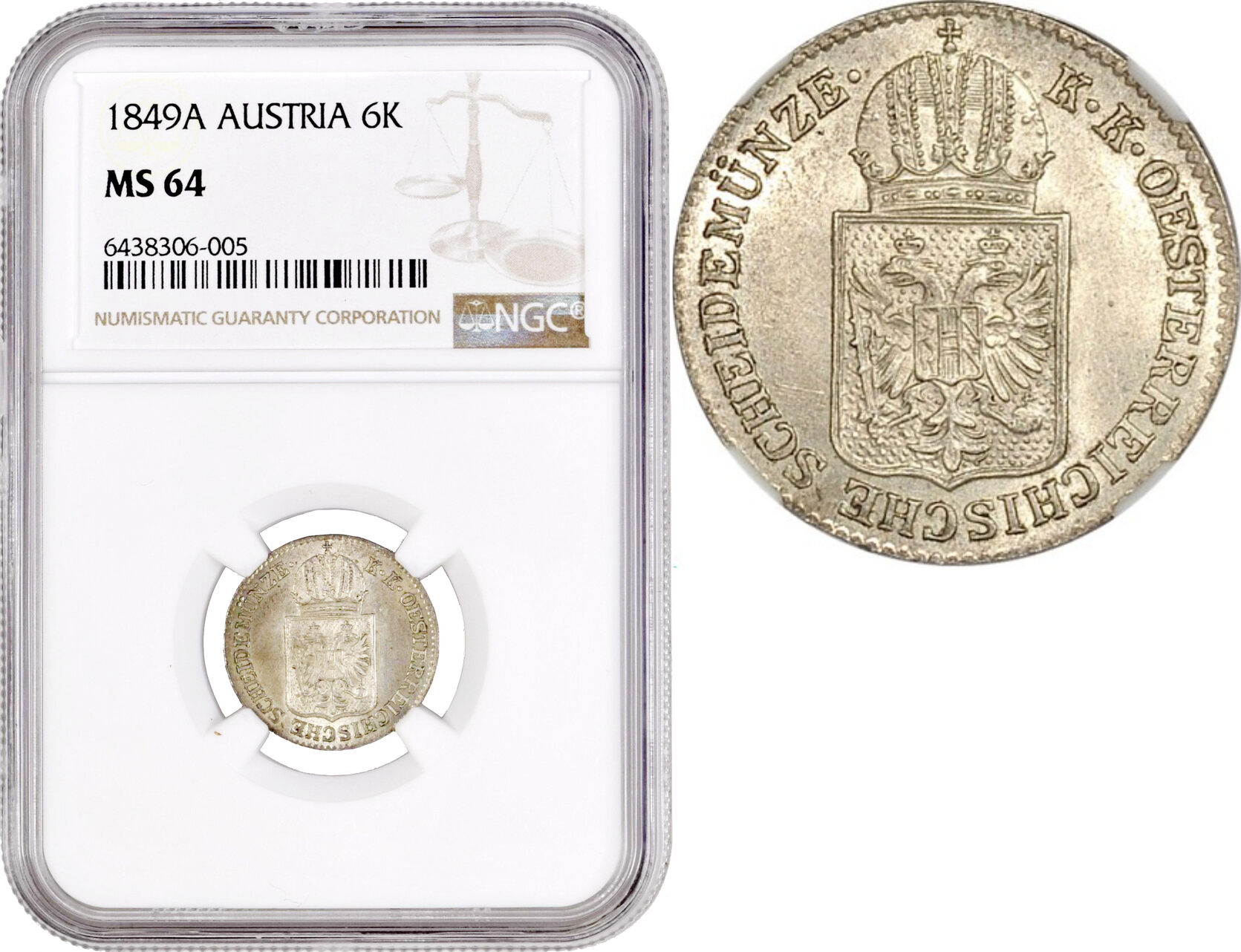 6 kreuzer Austria 1849 A, NGC MS64, Austrian Empire (1806 - 1857) | MA-Shops