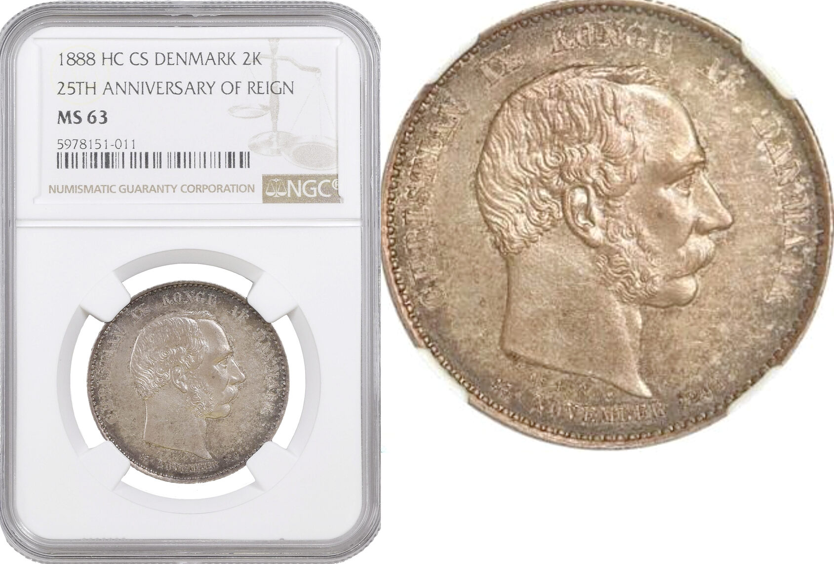 2 kroner 1888 HC Denmark CS, NGC MS63, 25th Anniversary of Reign | MA-Shops