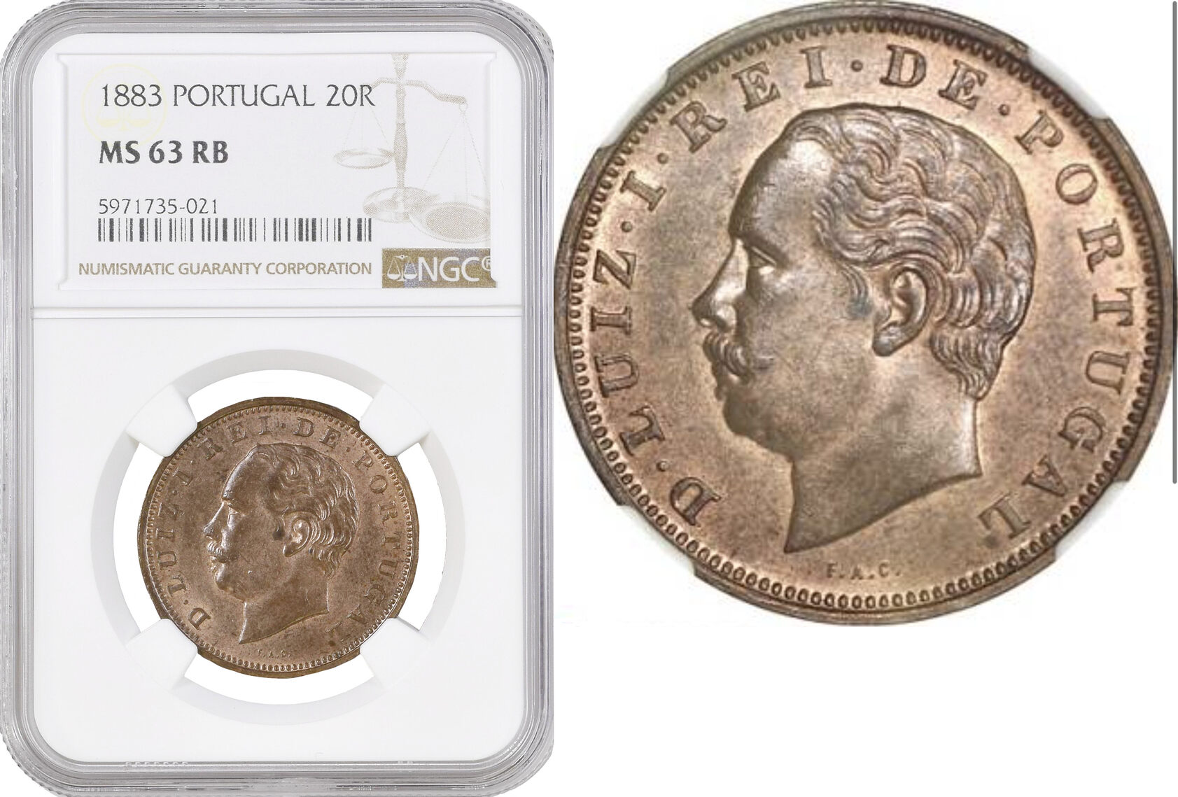 20 reis Portugal 1883, NGS MS63 RB, King Luís I (1861 - 1889) | MA-Shops