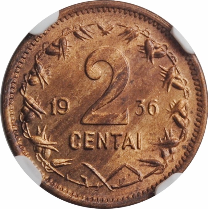 2 centai Lithuania 1936, NGC MS62 RB, First Republic (1925 - 1938) | MA ...