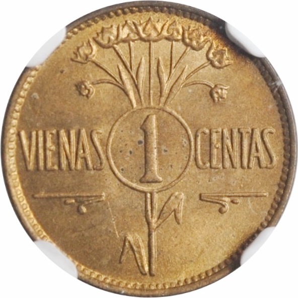 1 centas 1925 Lithuania 1925, NGC MS64, First Republic (1925 - 1938 ...