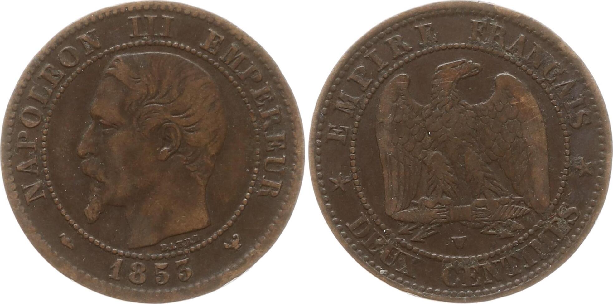 Frankreich, Kaiserreich 2 Centimes 1853 W Napoleon III., 1852 - 1870, Lille Seltener Jahrgang ...