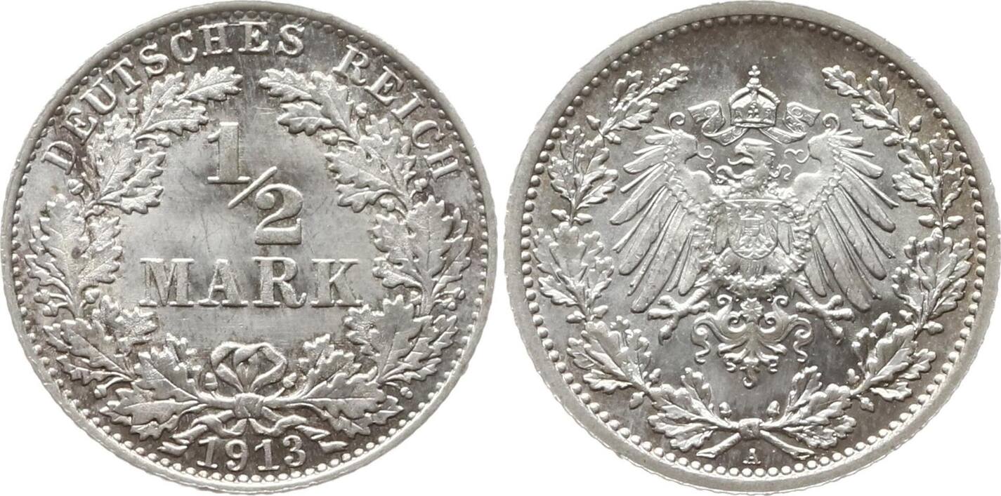 Deutsches Kaiserreich 1/2 Mark 1913 A Fast Stempelglanz | MA-Shops