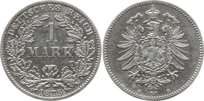 Deutsches Kaiserreich 1 Mark 1875 B Fast vorzüglich, winz. Kr. | MA-Shops