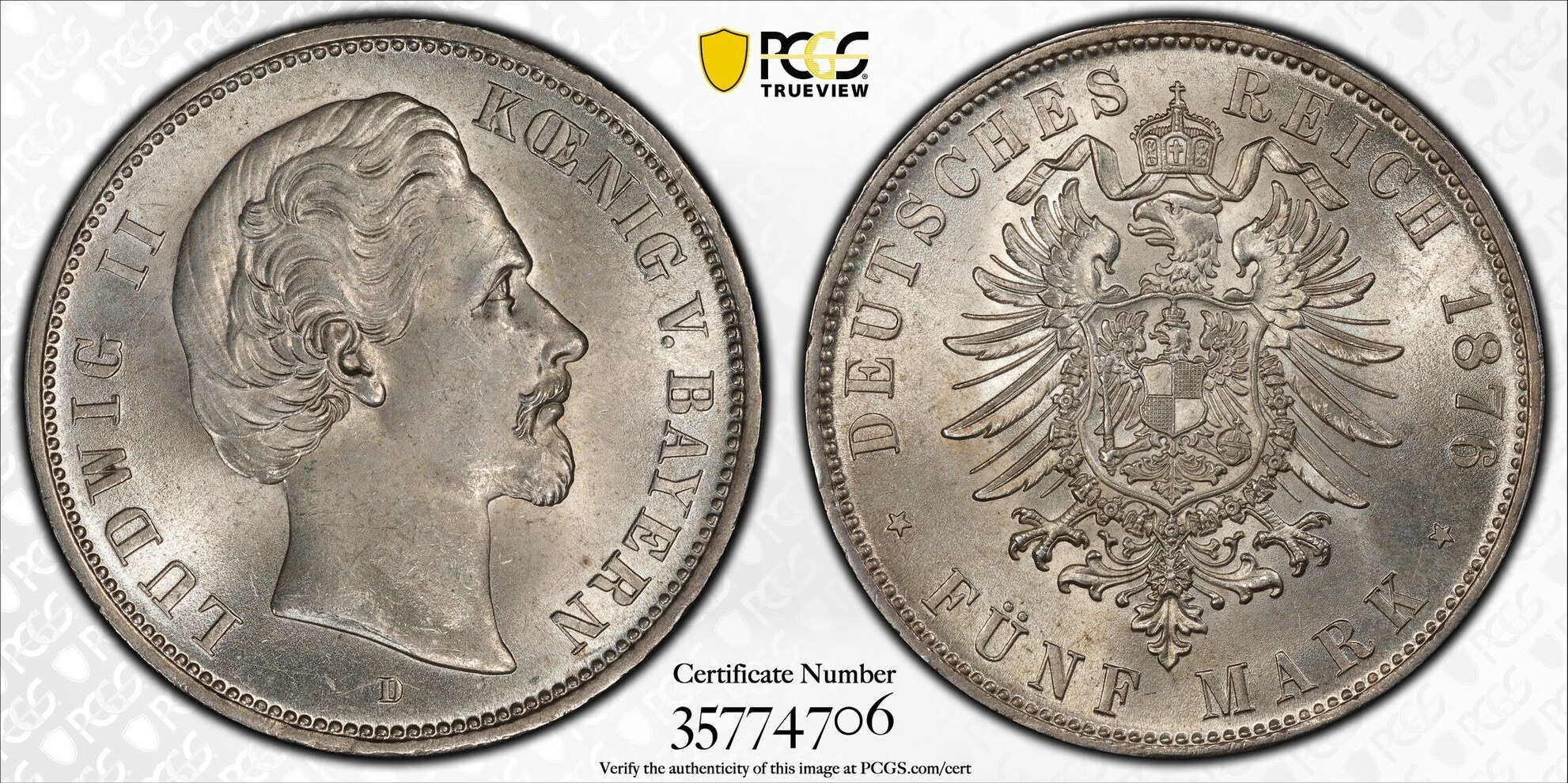 Bavaria 5 Mark Bayern Ludwig II 1876-D 5 Mk Jeager 42 MS64 | MA-Shops