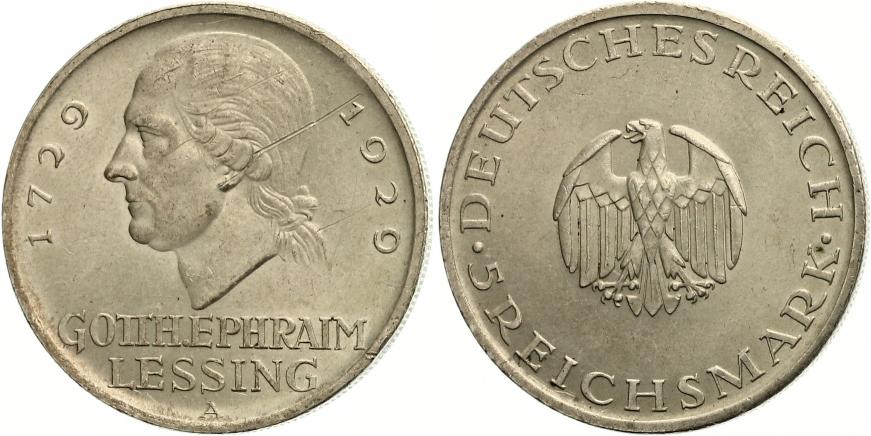 1929 A 5 Mark Lessing VZ Aver langer schmaler Kratzer | MA-Shops