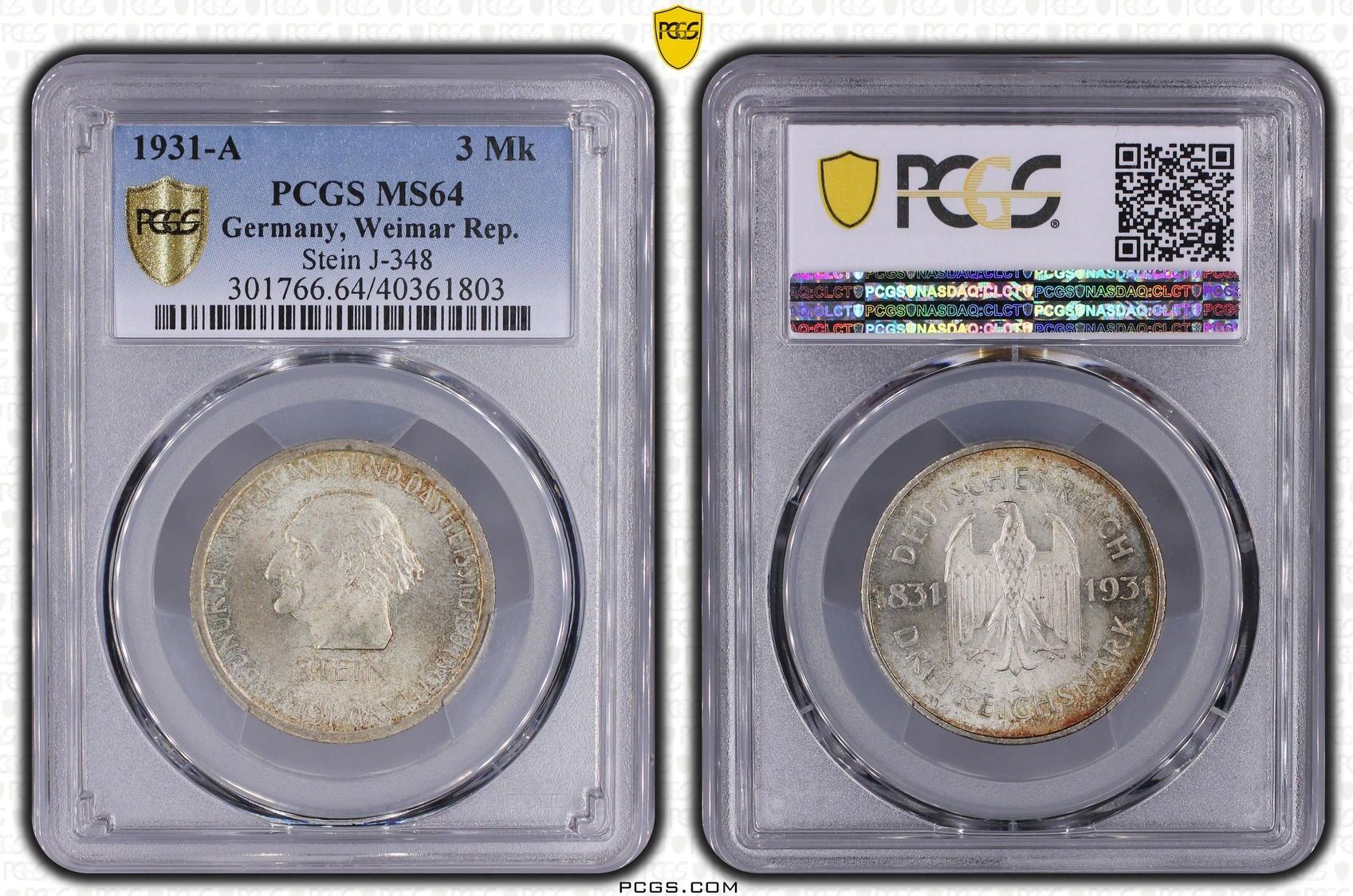 Germany, Weimar Rep. 3 Mk 1931 3 Mark Freiherr von Stein Jaeger 348 MS64 | MA-Shops