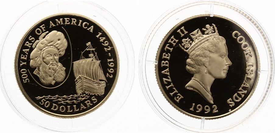 1992 50 NZL Dollars Cook Islands Cabot 500 Jahre Amerika 7,78g 583,3/ ...