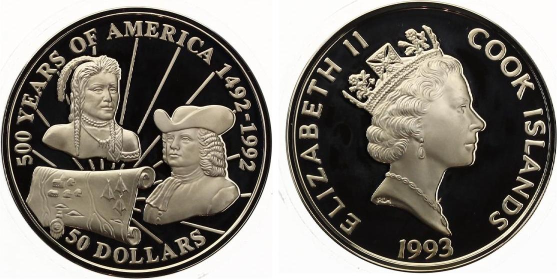 1993 50 NZL Dollars Cook Islands Penn 500 Jahre Amerika Silber pp | MA ...