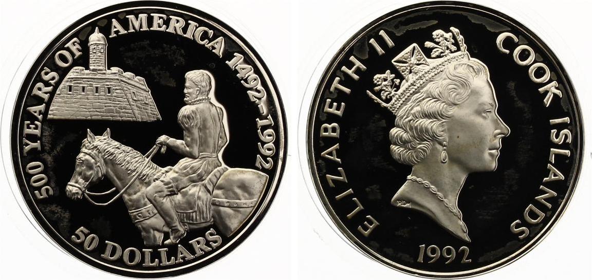 1992 50 NZL Dollars Cook Islands 500 Jahre Amerika Silber pp | MA-Shops