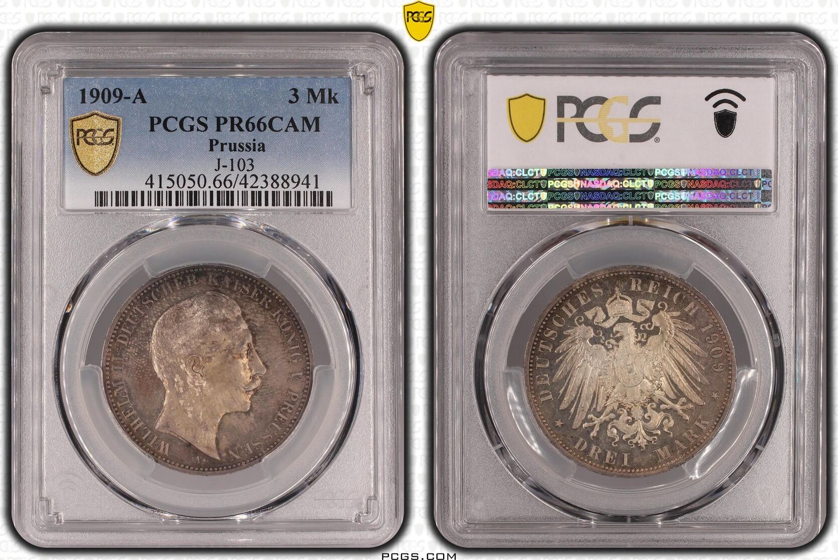 Prussia 1909-A 3 Mark Preussen Wilhelm II PCGS PR66CAM | MA-Shops