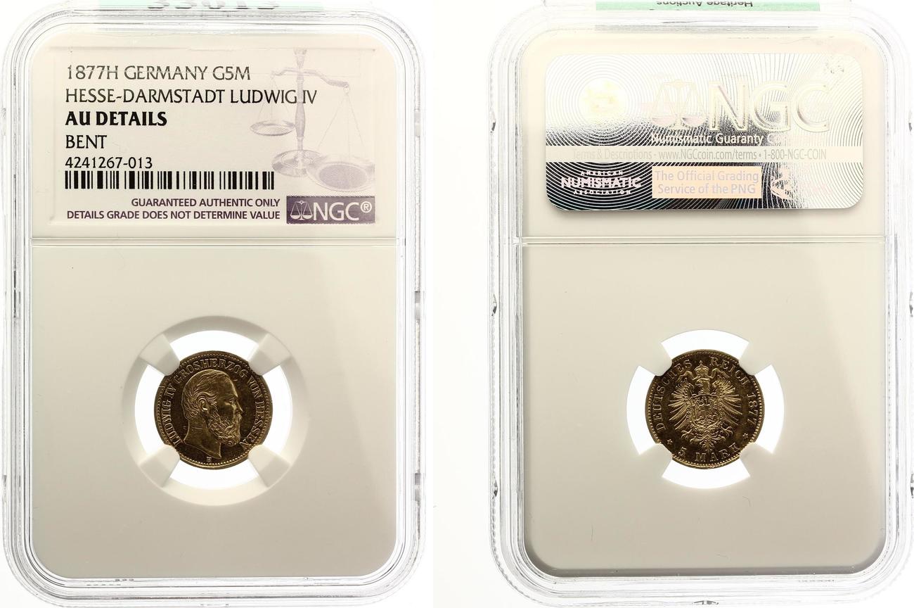 5 Mark Hessen 1877 Gold Jaeger 218 Ludwig IV NGC AU Bent vz leicht gebogen | MA-Shops
