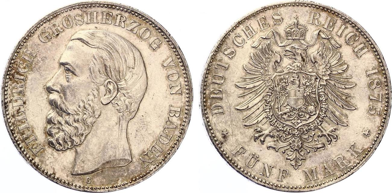 5 Mark Baden 1875 Friedrich I Jaeger 27 vz min Randunebenheit | MA-Shops