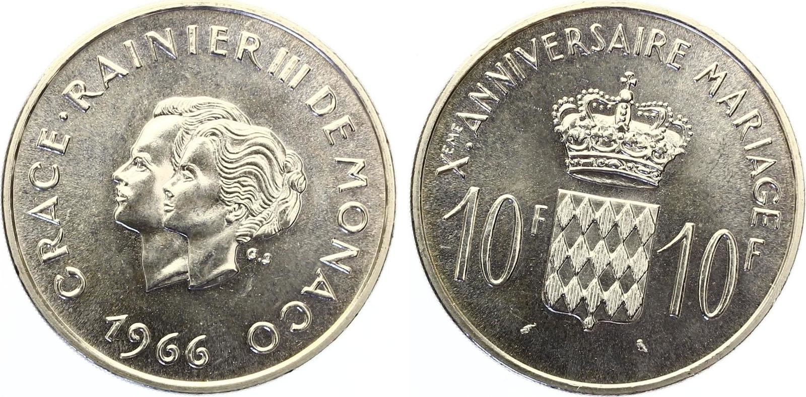 Monaco 10 Francs 1966 Hochzeit Rainier III u. Grace Kelly st | MA-Shops