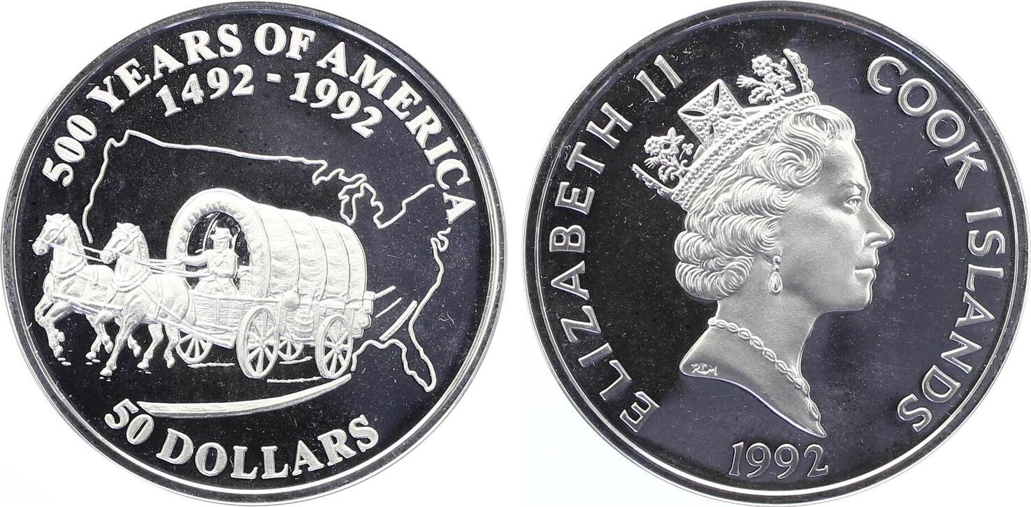 1992 50 NZL Dollars Cook Islands Oregon Trail 500 Jahre Amerika Silber ...
