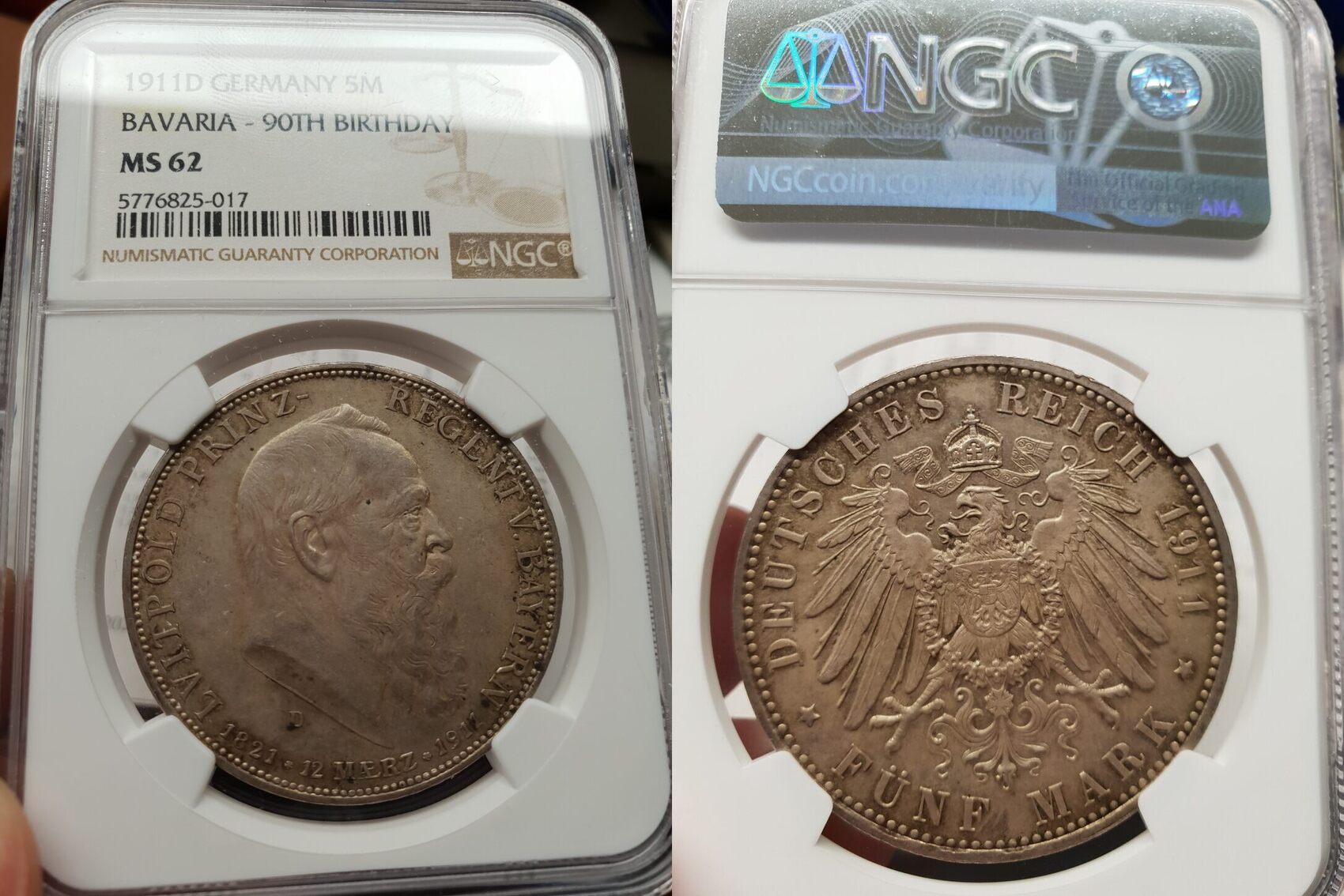 Germany 1911d 5 Mark Bayern Luitpold 90 Geburtstag Jaeger 50 Ngc Ms 62