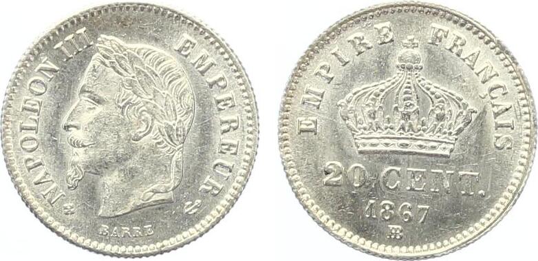 1867 BB Frankreich 20 Centimes Napoleon III vz-st | MA-Shops