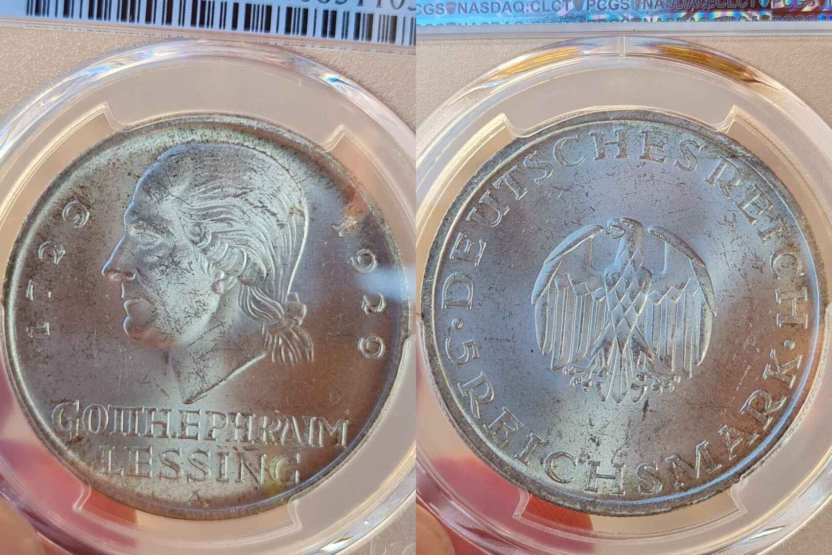 Germany, Weimar Rep. 1929-A 5 Mark Lessing PCGS MS64 | MA-Shops