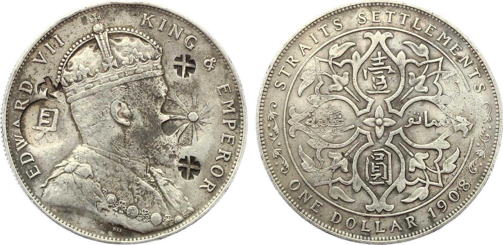 One Dollar 1908 Strait Settlement Edward VII Gegenstempel ss | MA-Shops