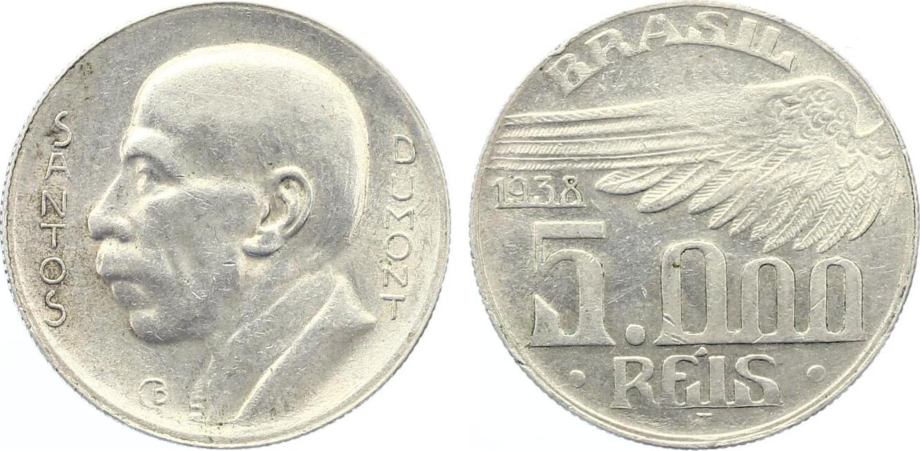 Brasilien 5000 Reis - 1938-Silber-Alberto Santos Dumont vz | MA-Shops