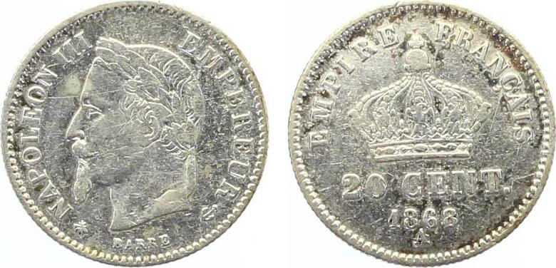 1868 A Frankreich 20 Centimes Napoleon III ss | MA-Shops