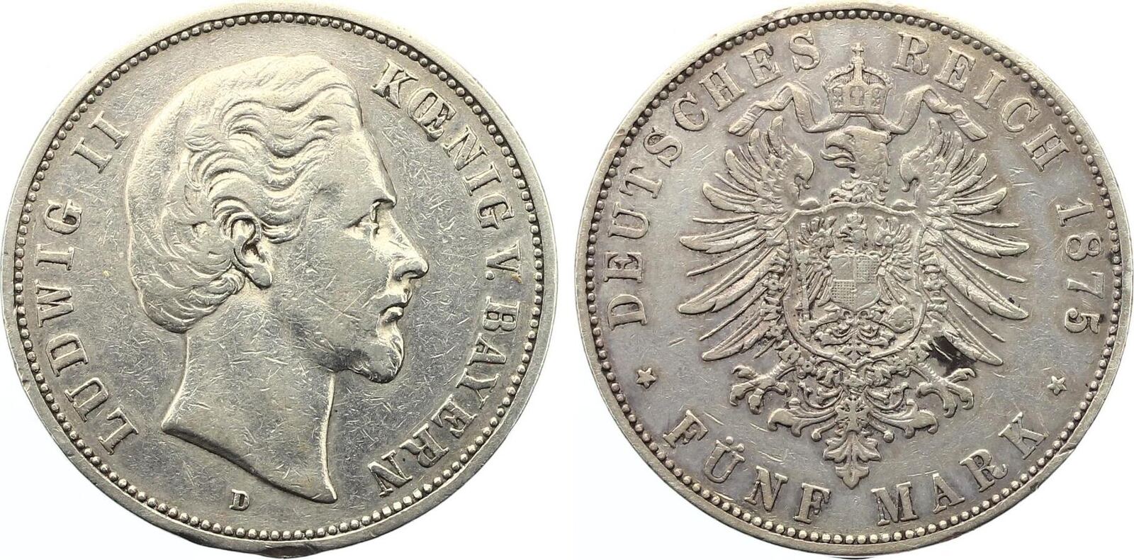1875 5 Mark Bayern Ludwig II gutes ss kl Rf | MA-Shops
