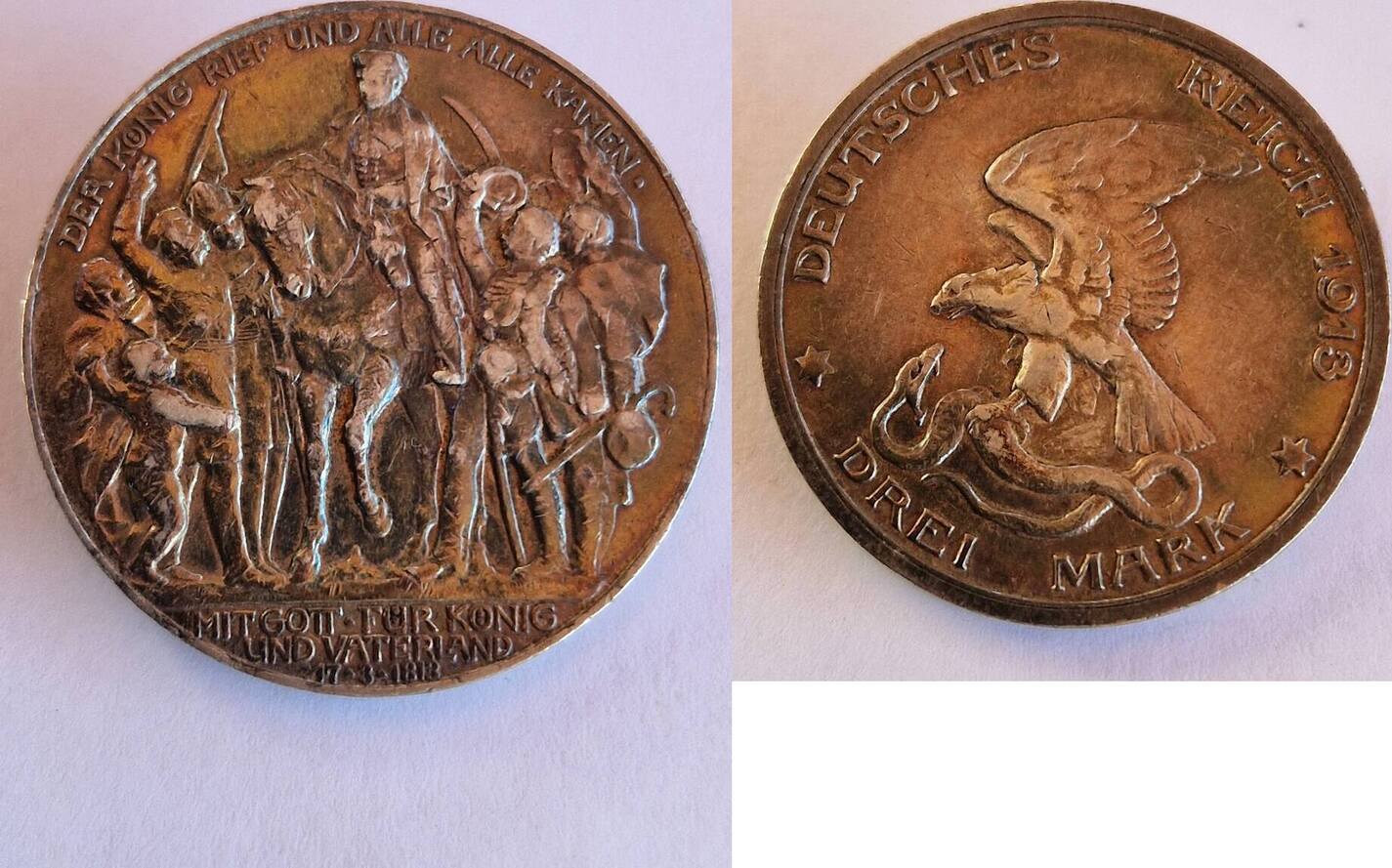 1913 3 Mark Preussen Wilhelm II Befreiungskriege ss-vz | MA-Shops