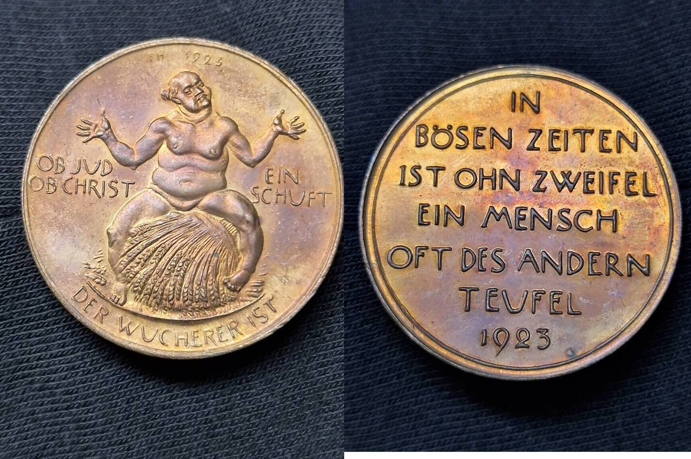 1923 Schandmedaille Ob Jud Ob Christ Ein Schuft der Wucher ist Prägefrisch tolle Kupferpatina ...