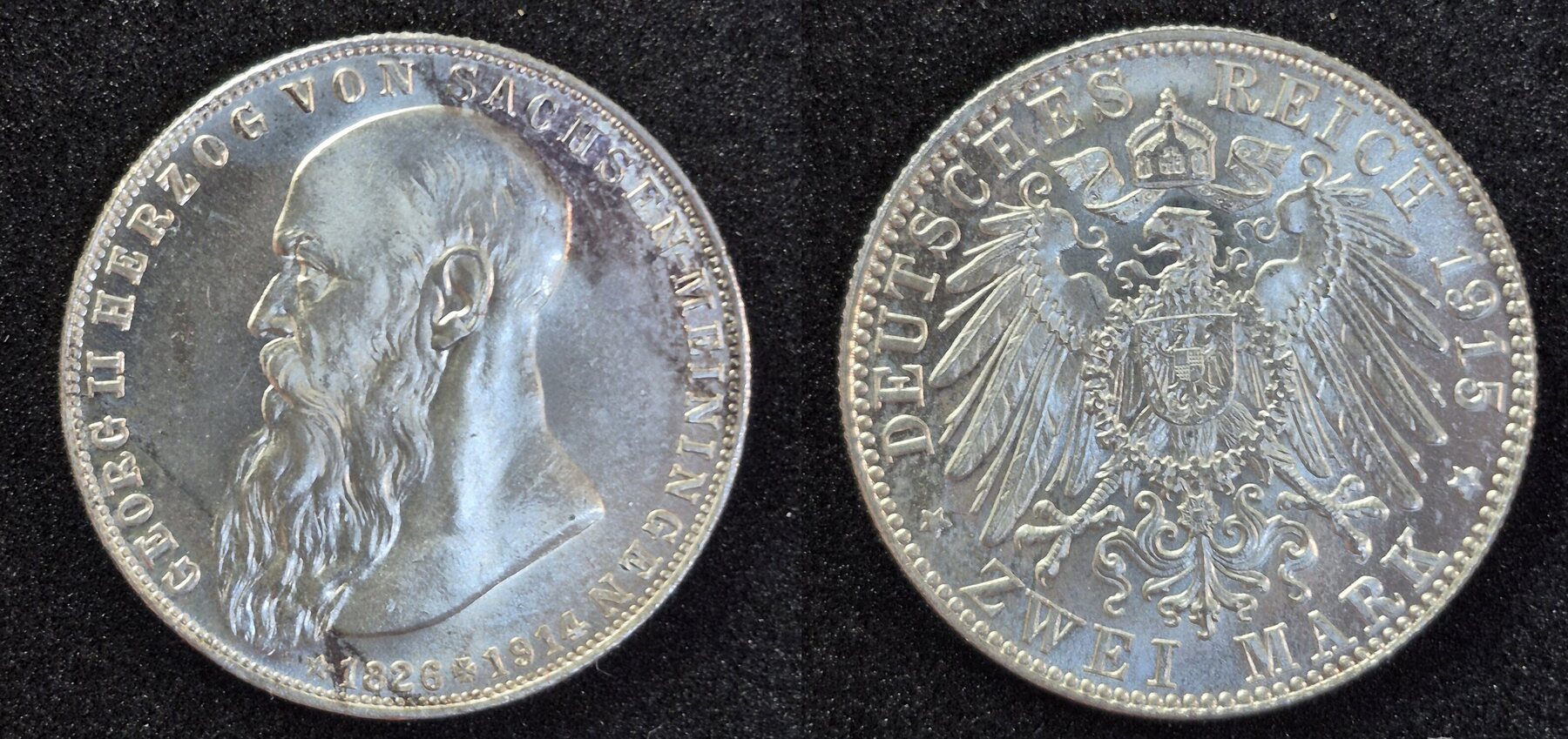 2 Mark Sachsen Meiningen 1915 Georg II auf den Tod nahezu stempelglanz | MA-Shops