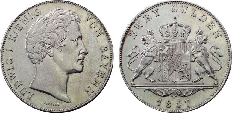 1847 BAYERN Zwei Gulden Ludwig Doppelgulden AKS 77 vz | MA-Shops