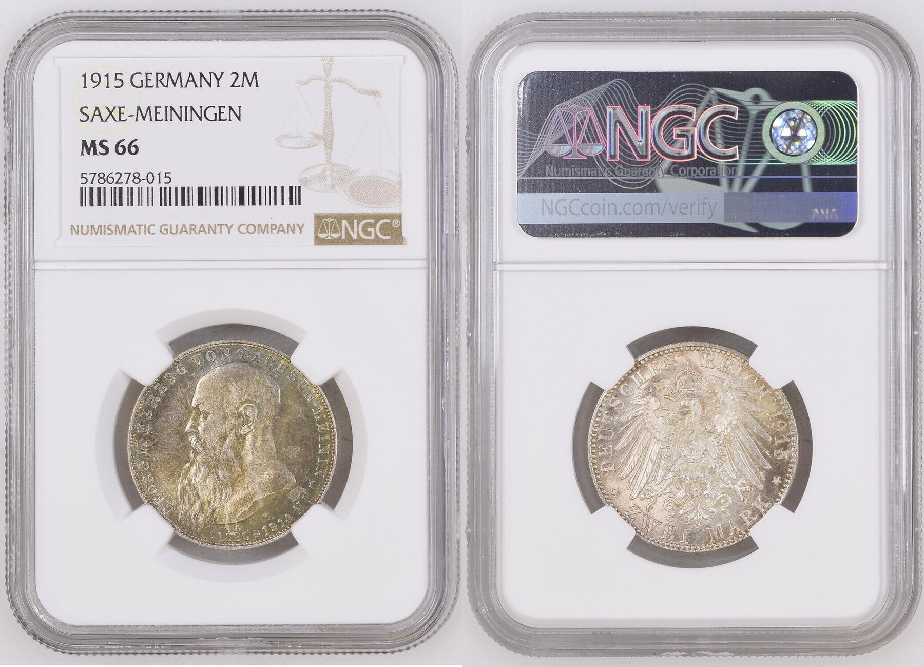 GERMANY 2 Mark Sachsen Meiningen 1915 Georg II auf den Tod NGC MS 66 | MA-Shops