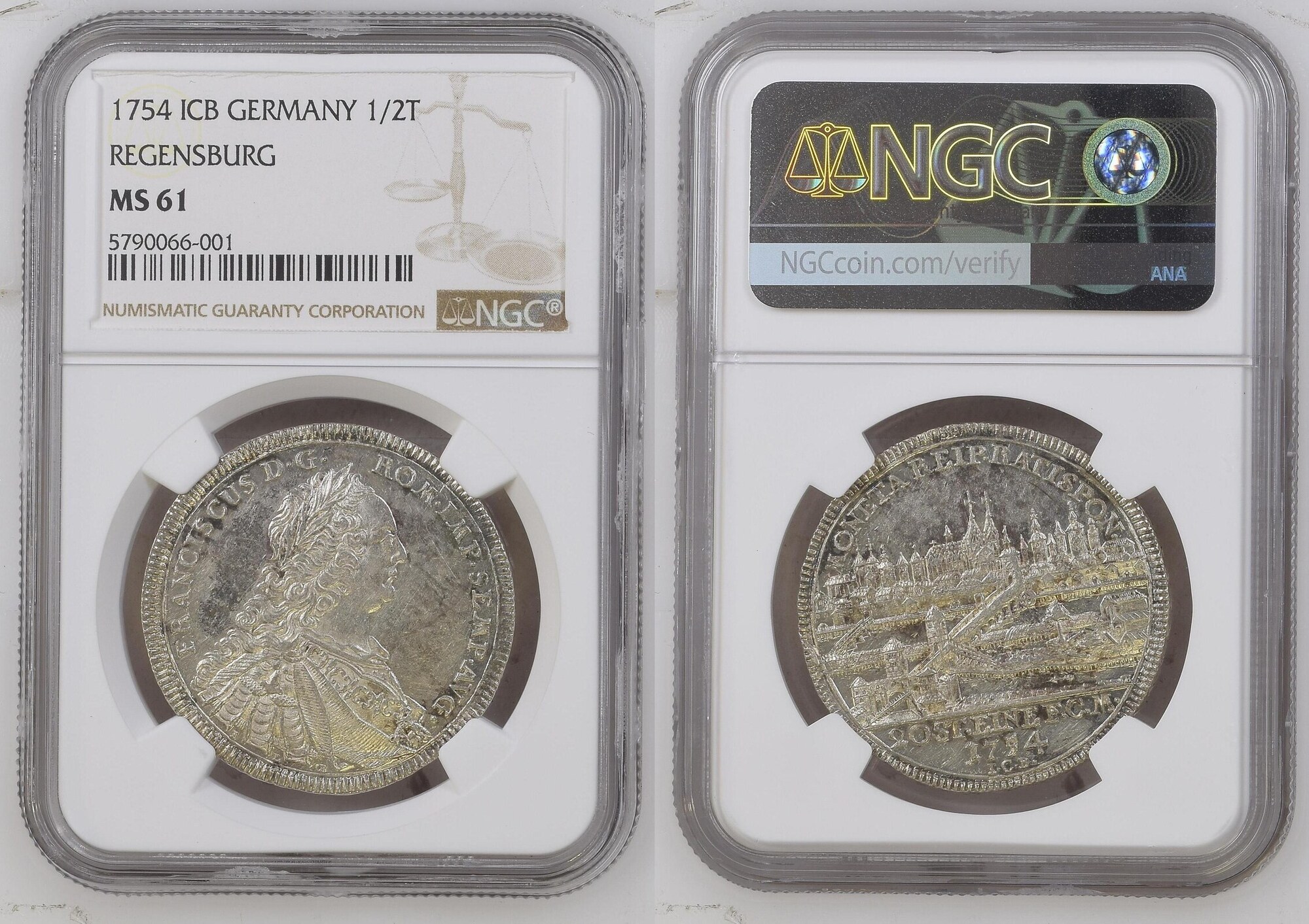 GERMANY 1/2T 1754 ICB Regensburg 1/2 Taler 1754 Stadtansicht NGC MS 61 ...